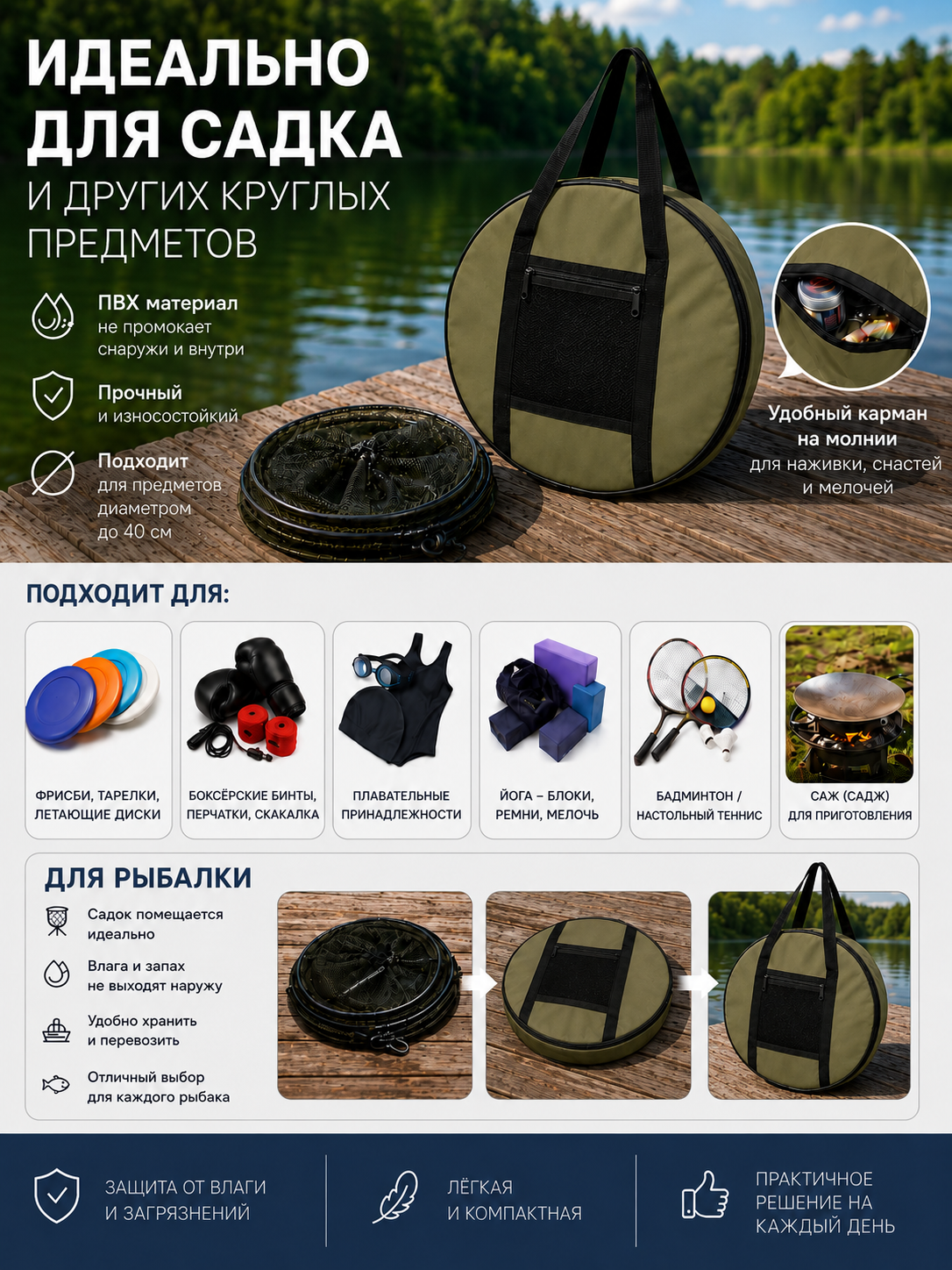 Сумка ПВХ круглая для рыбалки, садка, саджа и спорта, хаки