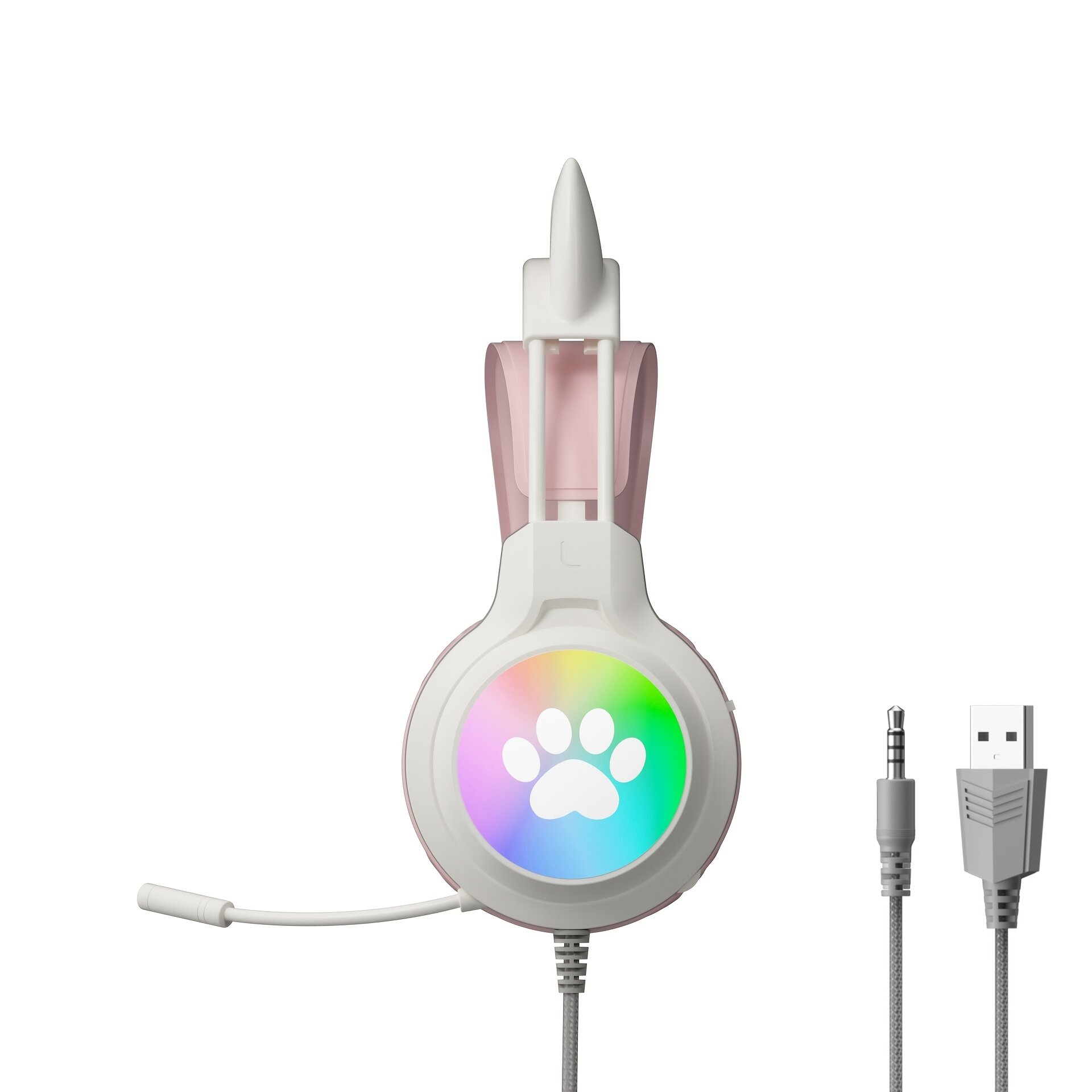 Проводные наушники с кошачьими ушками, RGB-подсветка, съемные ушки, регулировка громкости, для игр, музыки и звонков, розовый