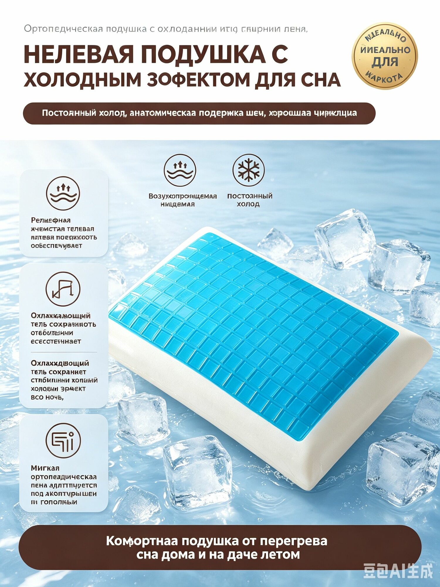 Ортопедическая подушка 40x60 см, пенополиуретан, высота 11.1 см