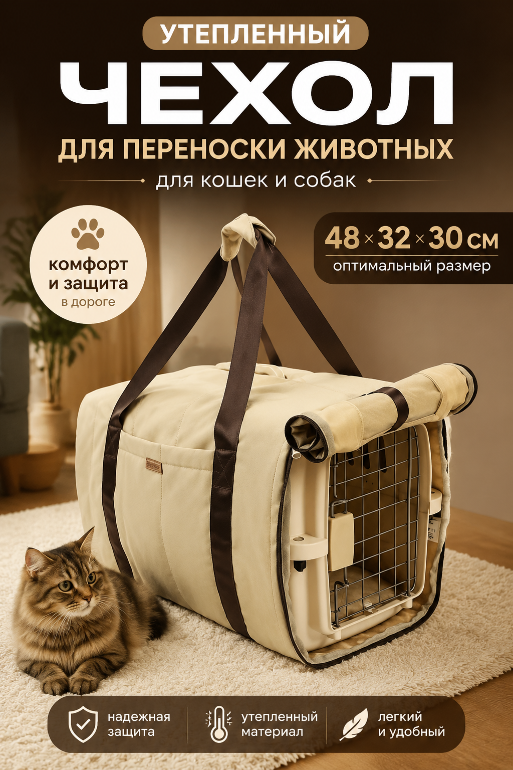 Утепленный чехол для переноски животных 48x32x30 см, полиэстер, для кошек и собак