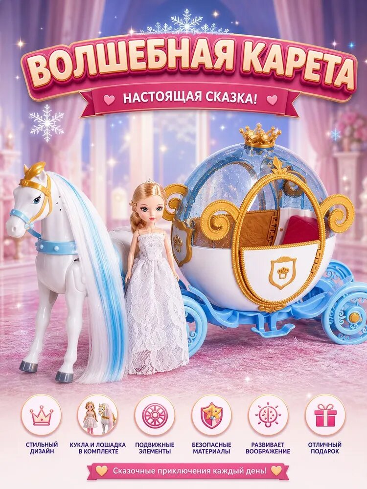 Игровой набор Карета с лошадью синяя, интерактивная лошадь с движениями и звуком, с куклой, для девочек от 3 лет