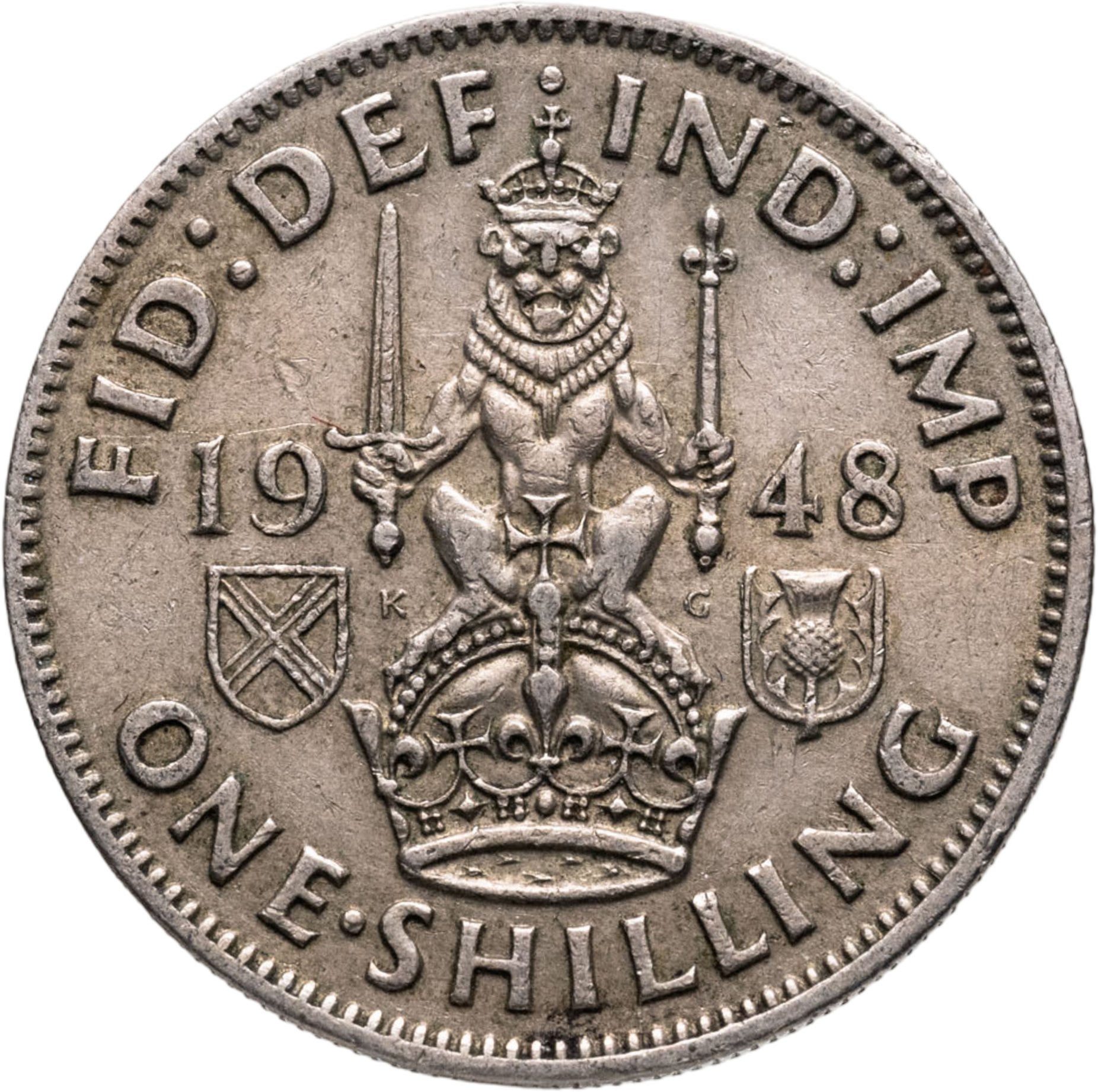 Великобритания 1 шиллинг shilling 1948 Шотландский шиллинг - лев, сидящий на короне, Мельхиор медь-никель, в сохранности VF-XF