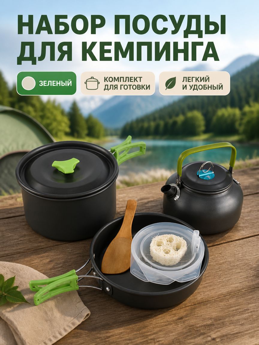 Комплект посуды для кемпинга из 8 предметов: чайник, кастрюля с крышкой, сковорода, лопатка, миски (3 шт.), черпак и мочалка алюминиевый, с зелеными