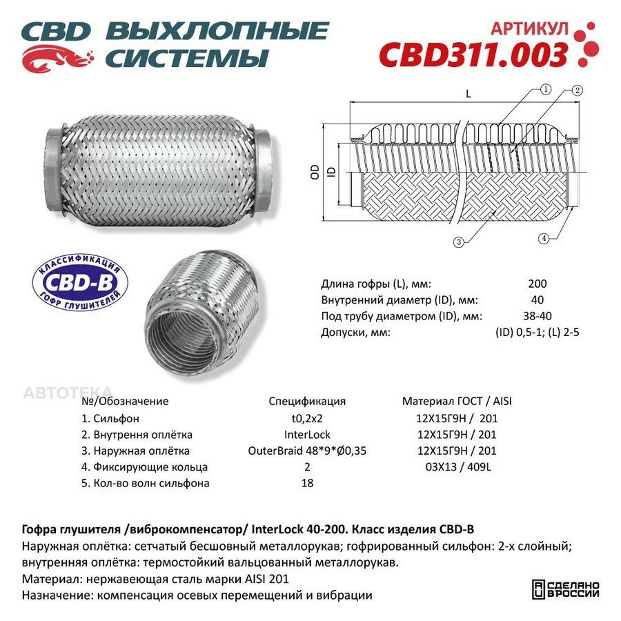 Гофра глушителя 3х-сл InterLock 40-200. CBD311.003 CBD CBD311003
