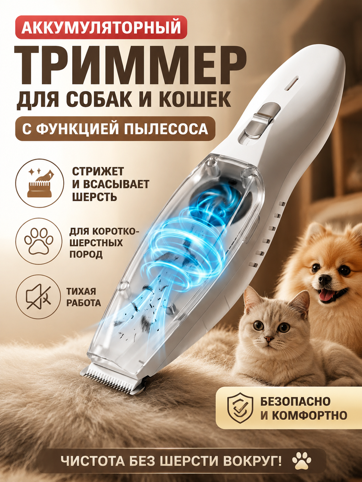 Аккумуляторный триммер для собак и кошек с функцией пылесоса, для короткошерстных пород