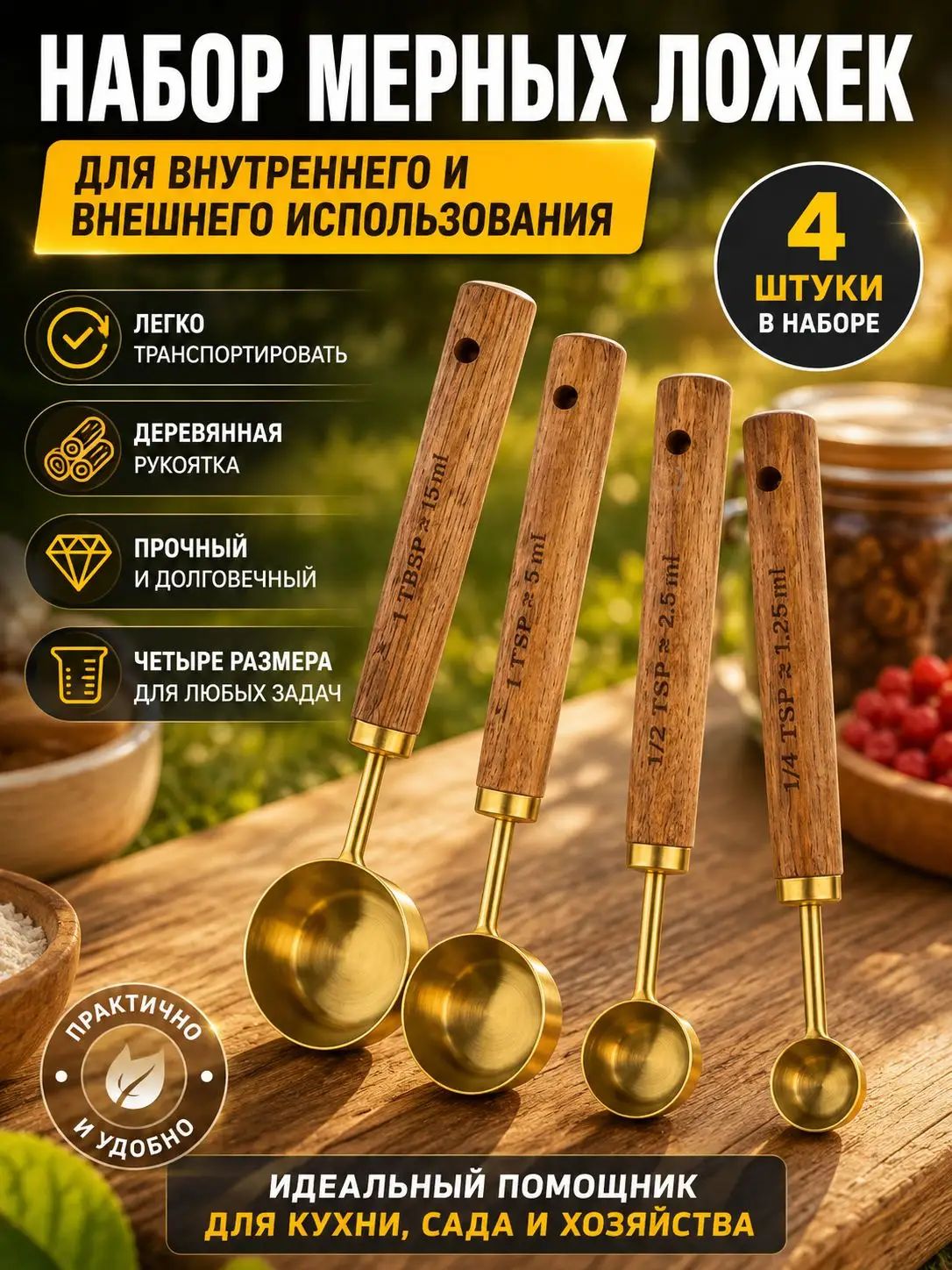 Набор мерных емкостей из натурального дерева, кремовый цвет, 4 шт, для кухни и выпечки
