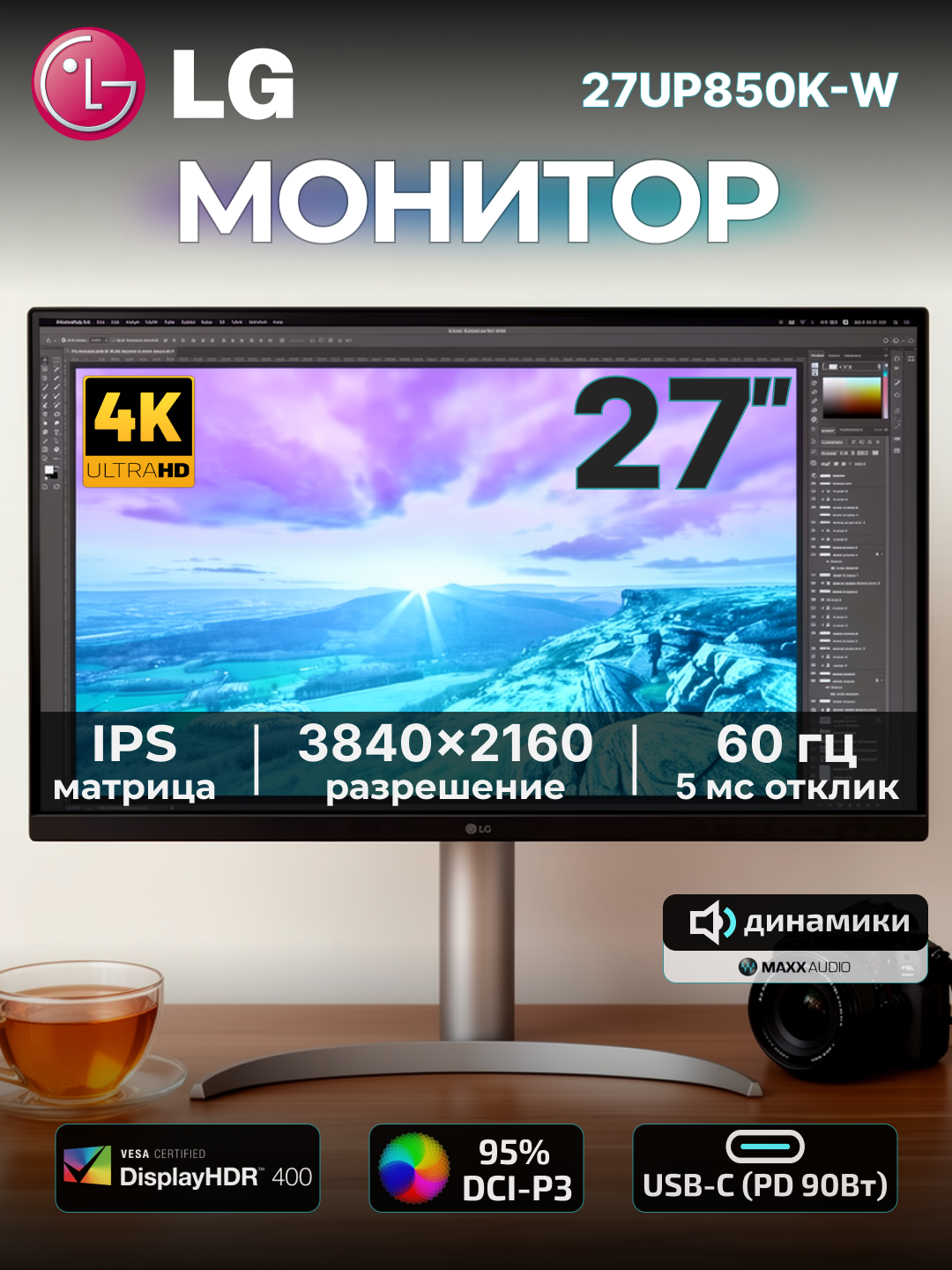 Монитор 27" LG UltraFine 27UP850K-W (27UP850K-W. ARUZ), IPS, 3840x2160 4K, 60 Гц, белый