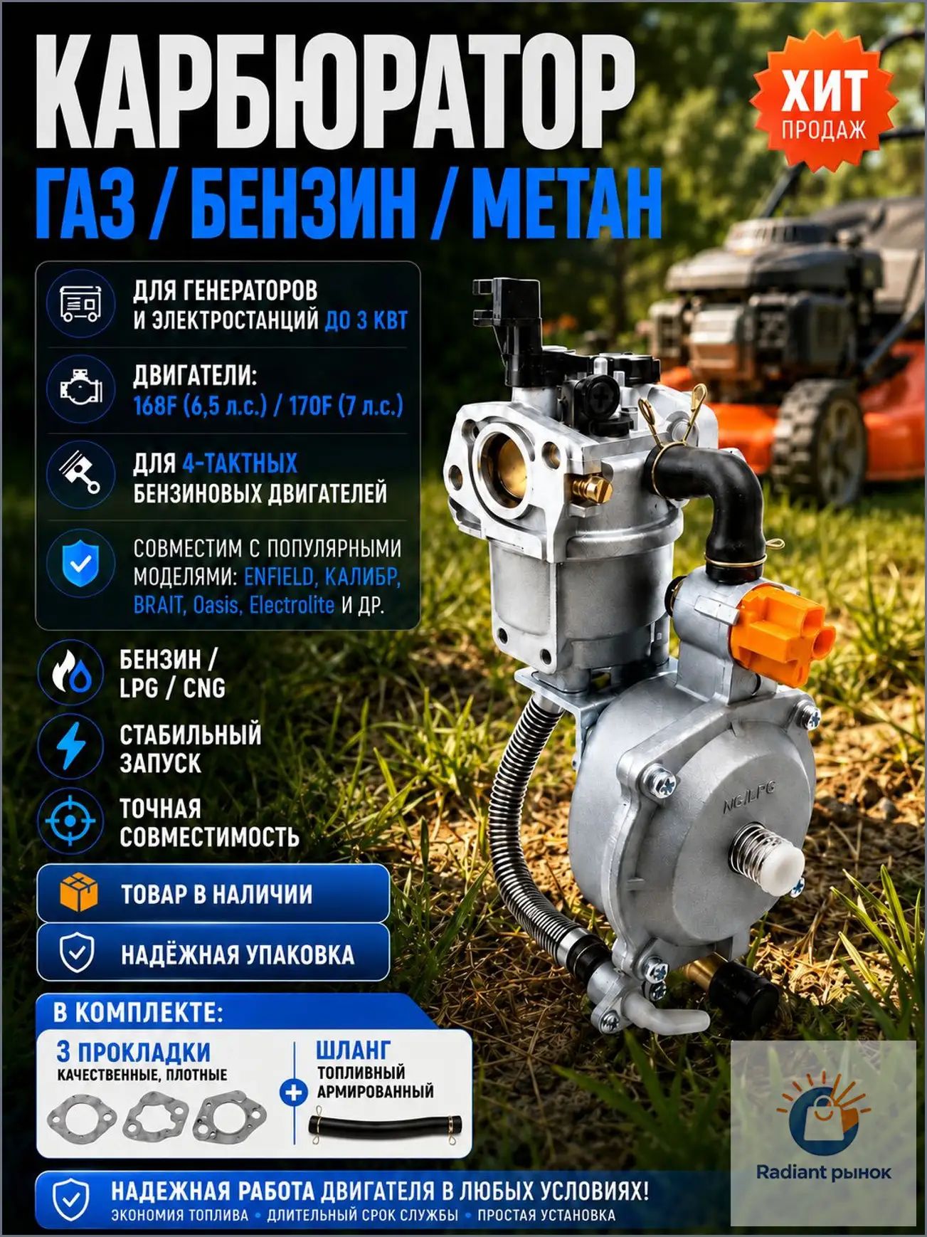 Карбюратор газ-бензин для генератора, электростанций. 3 кВт ( двигатель 6.5-7 лс 168F/170F)