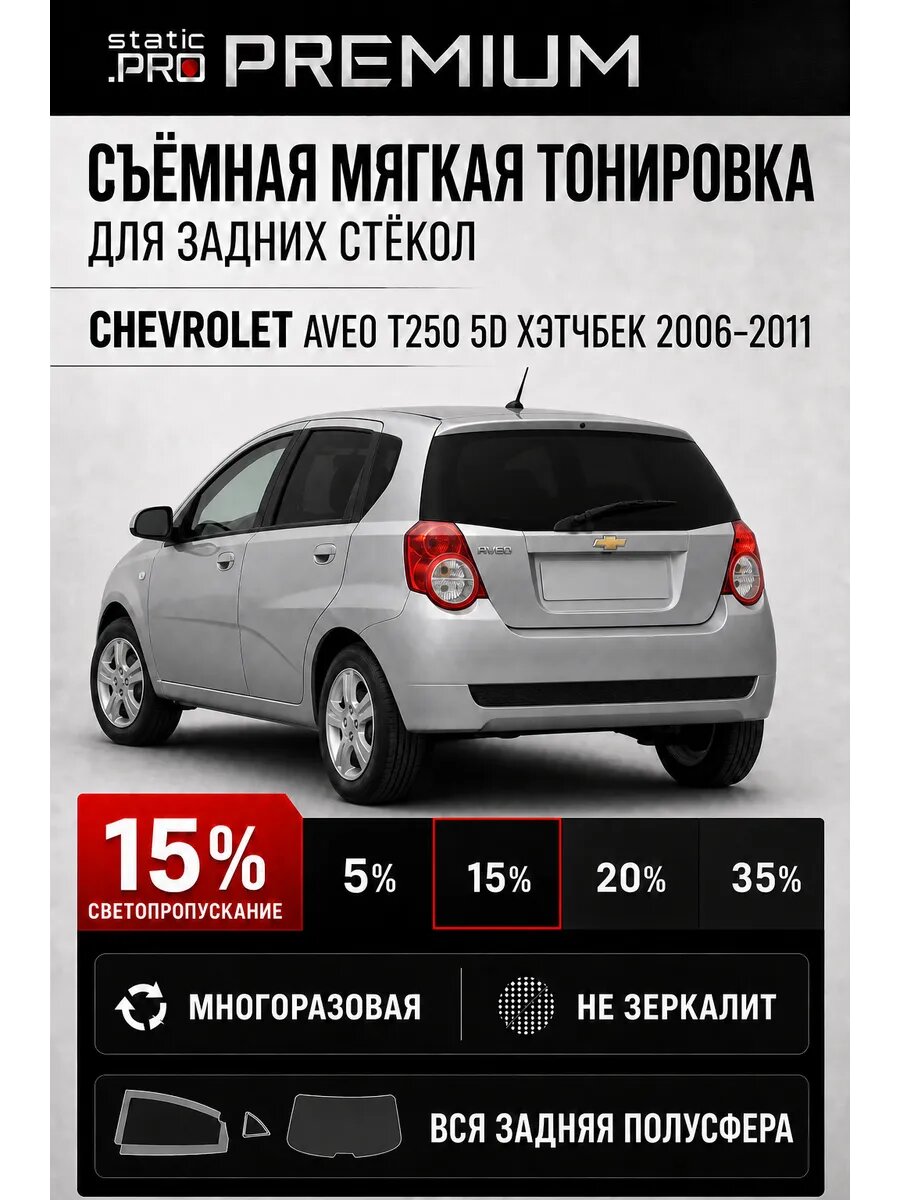 Съёмная мягкая многоразовая тонировка для задних Chevrolet Aveo 5d хэтч T250 15%