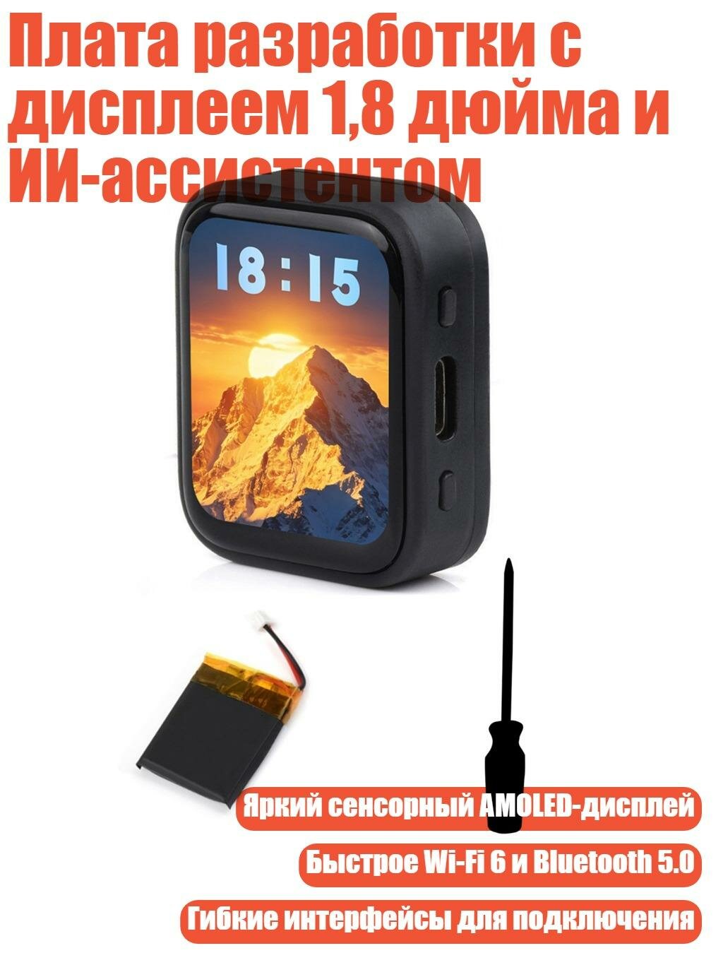 Плата разработки с дисплеем 1,8 дюйма и ИИ-ассистентом, С батареей