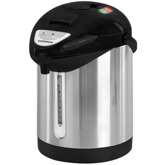 Термопот Sonnen TP-28, 3 л, 900 Вт, 1 температурный режим, ручной насос, сталь, черный/серебро, 456712
