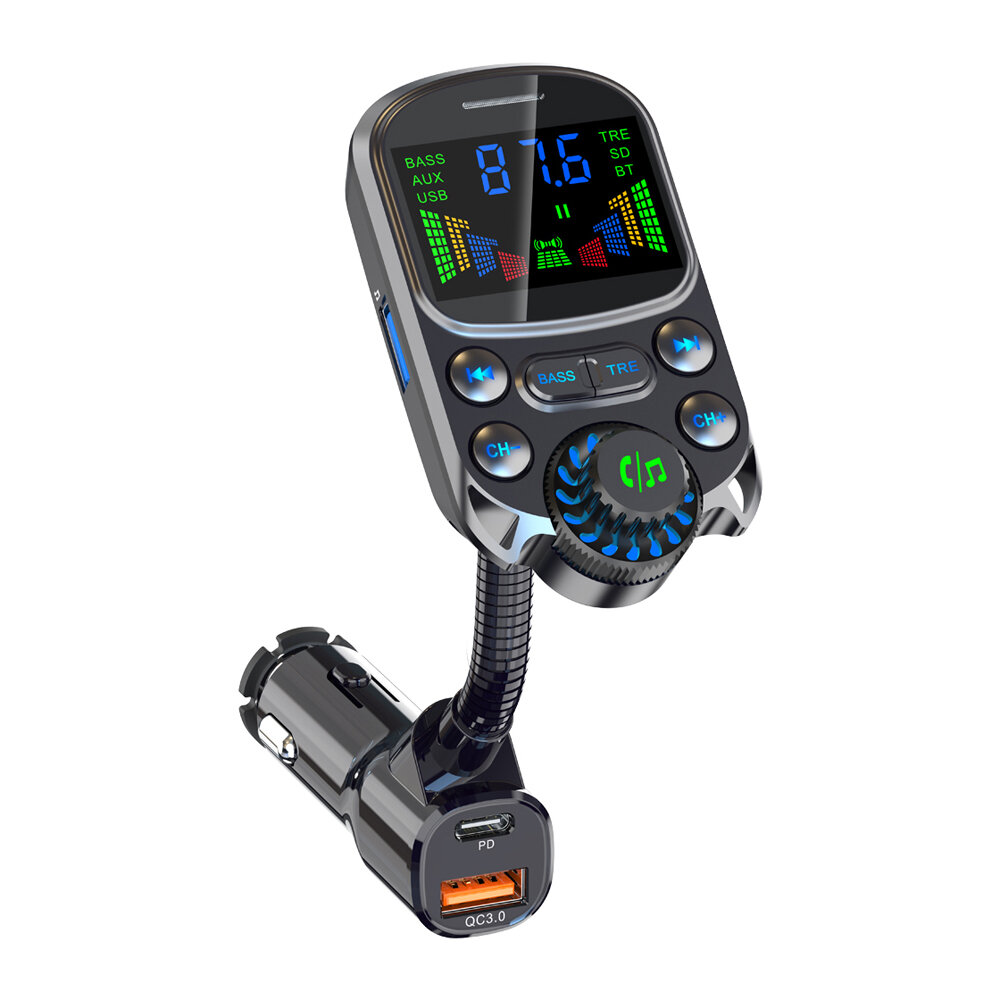 Автомобильный Bluetooth MP3-плеер с FM-передатчиком, адаптером зарядки PD+QC3.0, 2-дюймовым OLED-экраном, поддержкой громкой связи, воспроизведением с U-Disk/TF-карт, голосовым помощником, регулировкой высоких и низких частот, отображением напряжения.