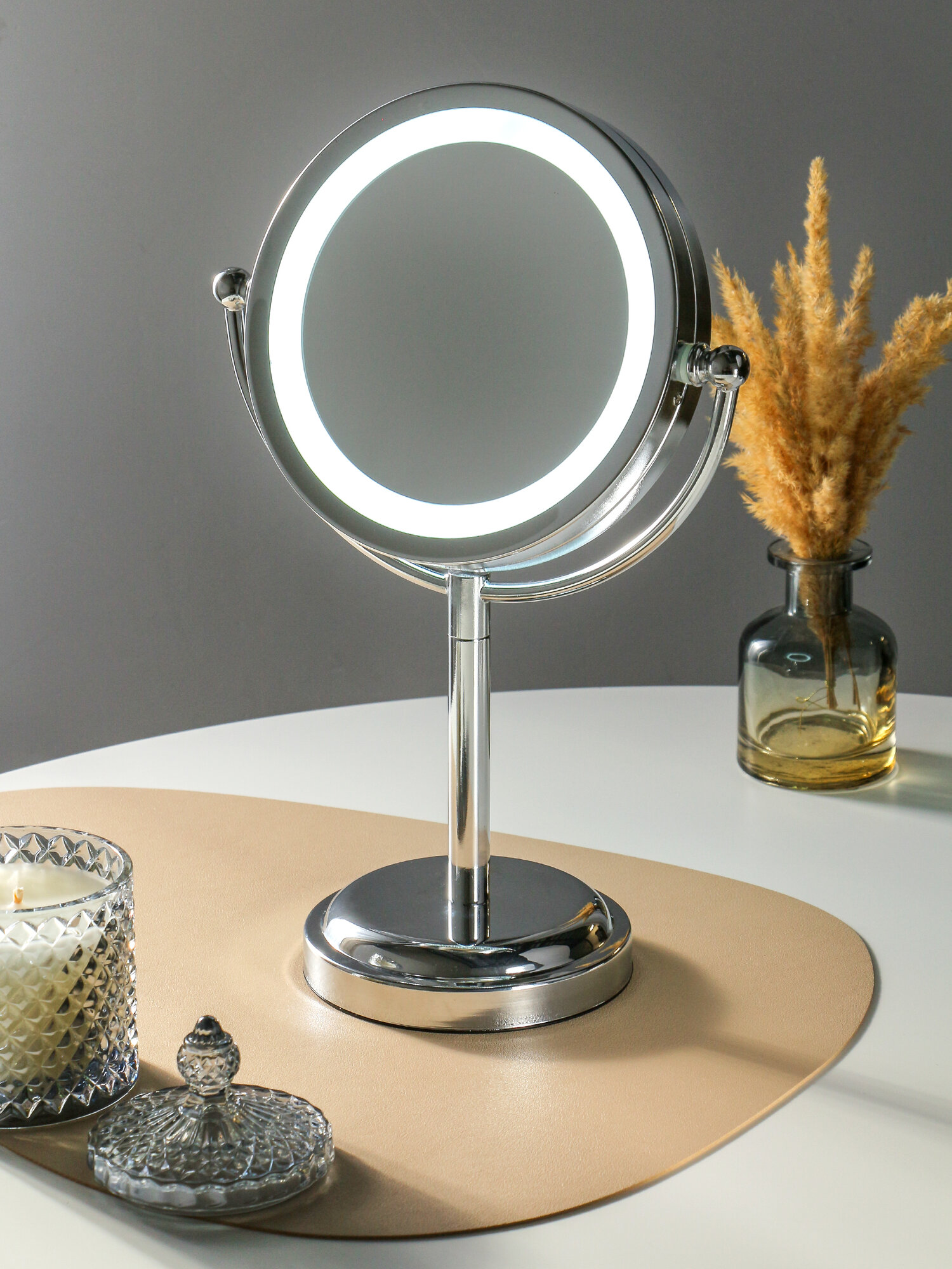 Зеркало настольное косметическое с LED подсветкой круглое серебристое 37х22х20 см для макияжа Y4-11330