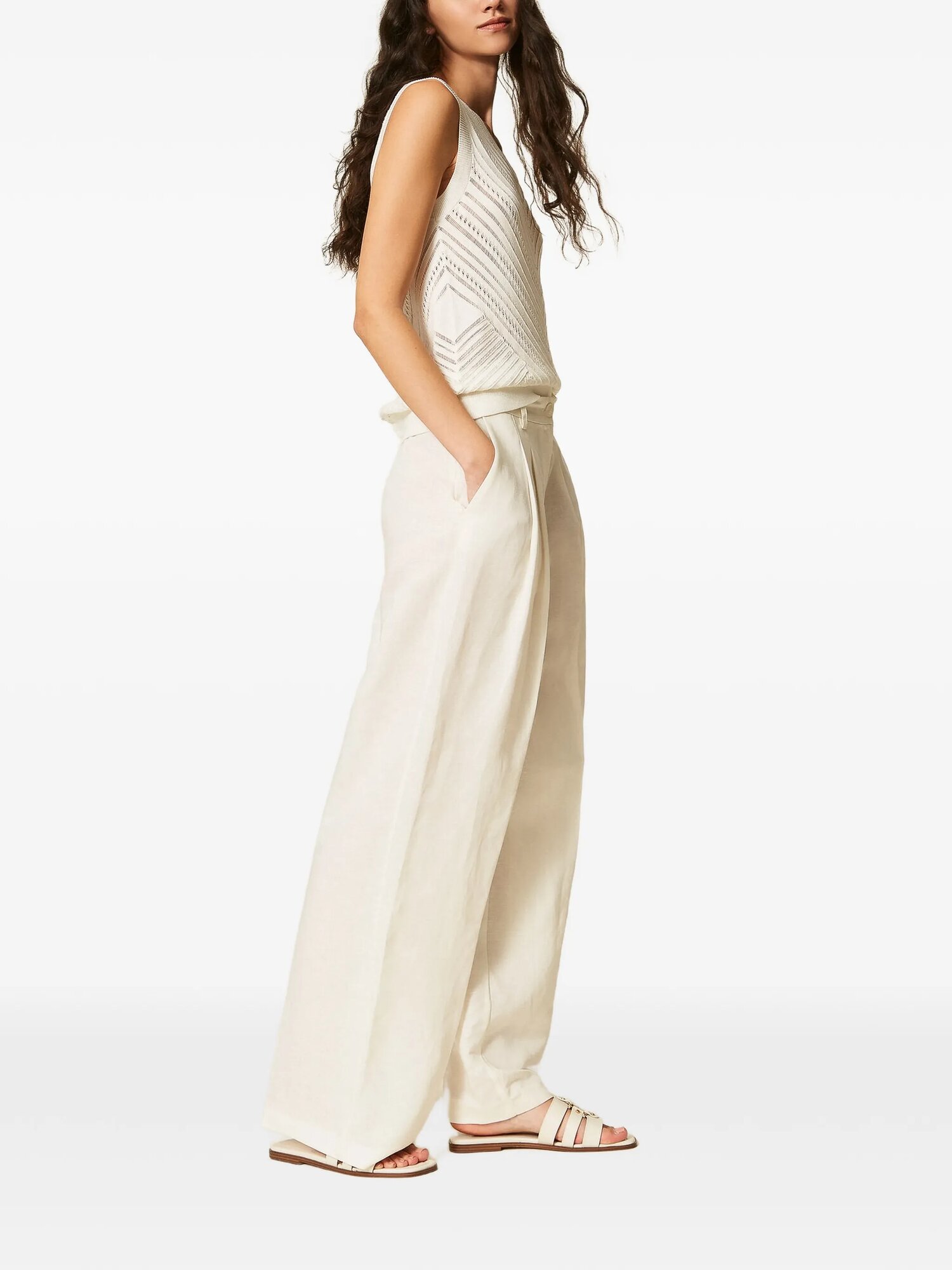 Брюки палаццо Twinset Milano High-rise palazzo pants, размер 42, бежевый/белый — фото 1