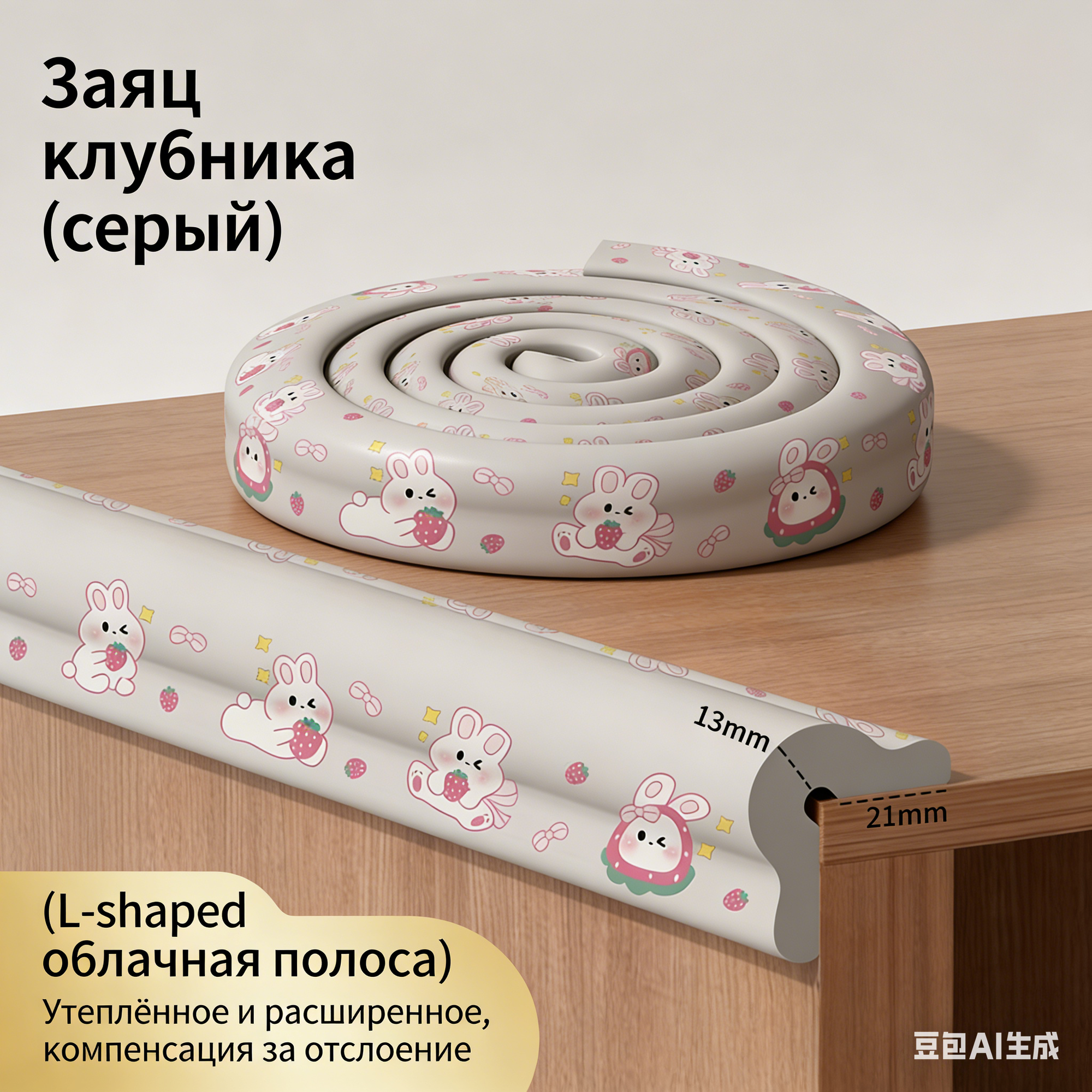 Защитная лента на углы 2 метра бежевый. Мягкая накладка на края мебели для детей от ударов, серый