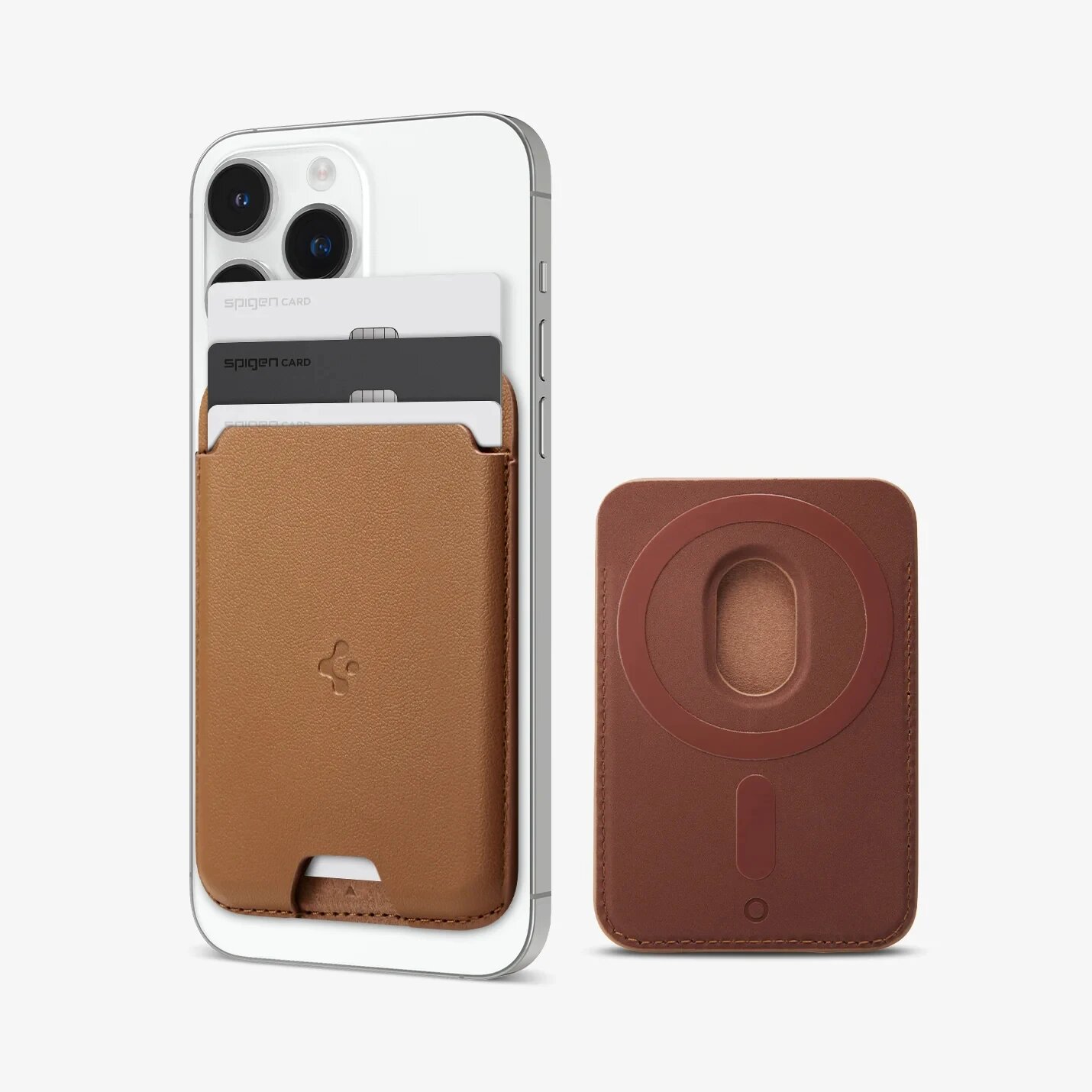 Кожаный магнитный кожаный чехол-кошелек Spigen для iphone 17, 16, 14, 13, 12, 11 Коричневый, Brown