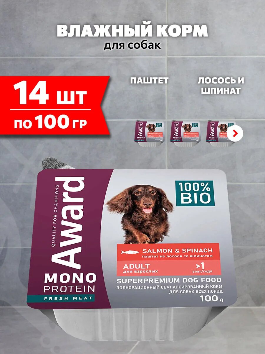 Корм влажный Award Monoprotein для взрослых собак, лосось, шпинат паштет, 100 г 14 шт
