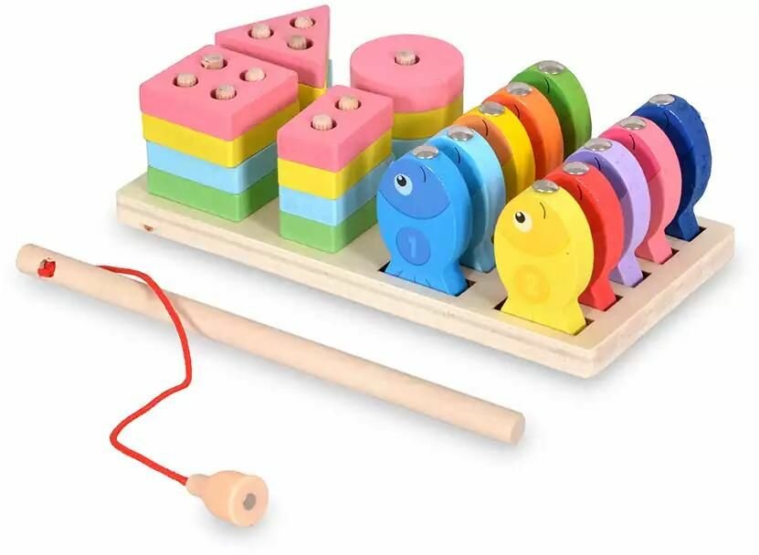 Сортер-рыбалка КНР 2в1, магнитная, деревянная, 16 геометрических фигур, 10 рыбок, удочка