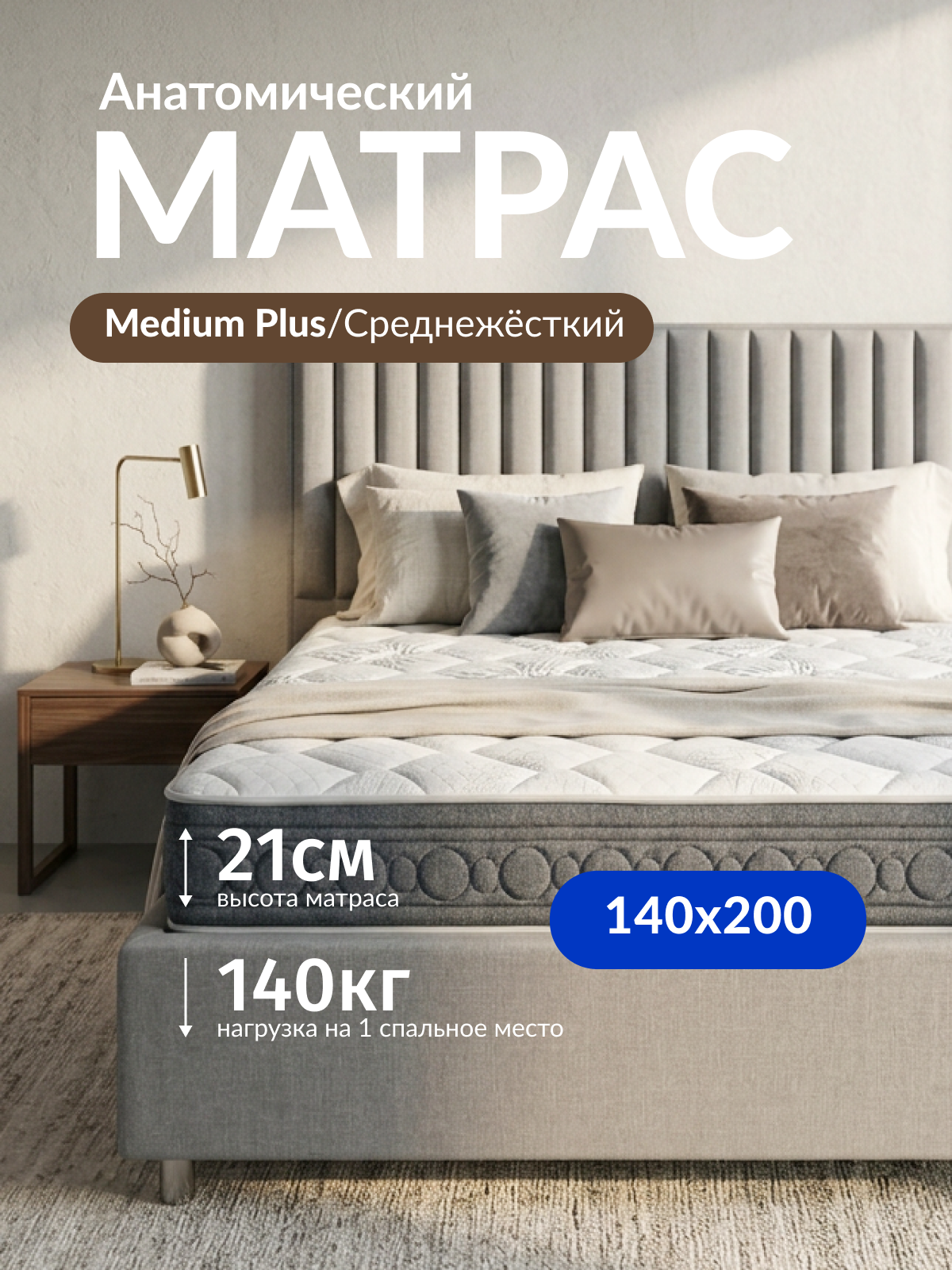 Матрас Strong Оригинал Медиум Плюс 140x200 см, независимый пружинный блок, двуспальный, двусторонний, жесткий