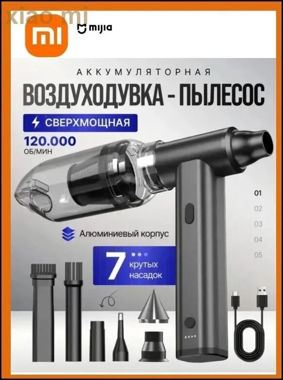 Аккумуляторная воздуходувка - пылесос Xiaomi Mijia, 7 насадок, черная матовая