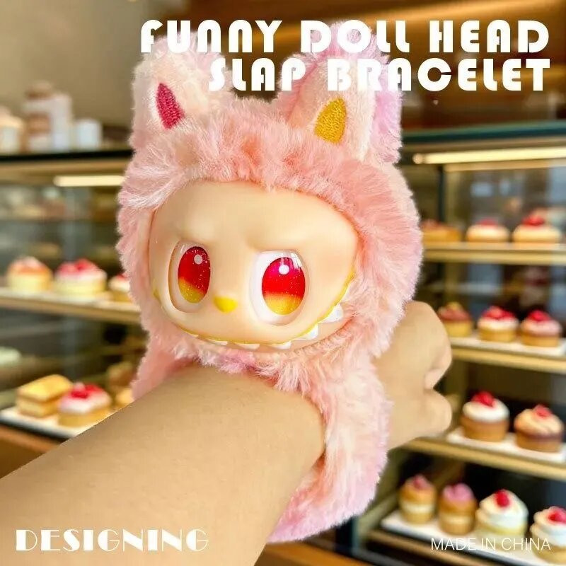 Labubu Плюшевая кукла Slap Bracelet Funny Doll Head Cartoon Bunny Pink Fur Bracelet Wristband Decoration Kids Gift