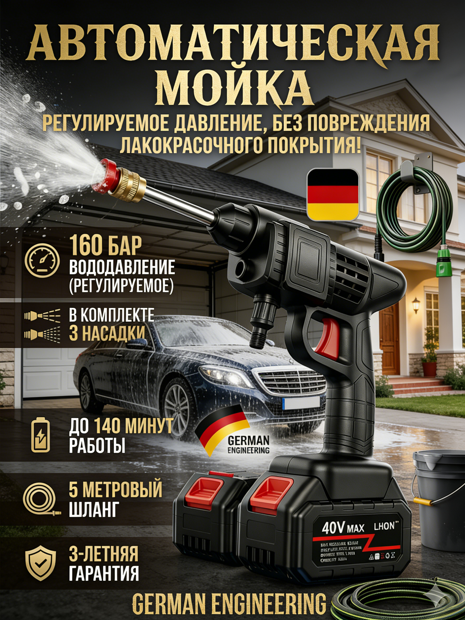 Аккумуляторная автомойка , высокого давления, для автомобиля, в кейсе 2 аккумулятора, минимойка с пистолетом