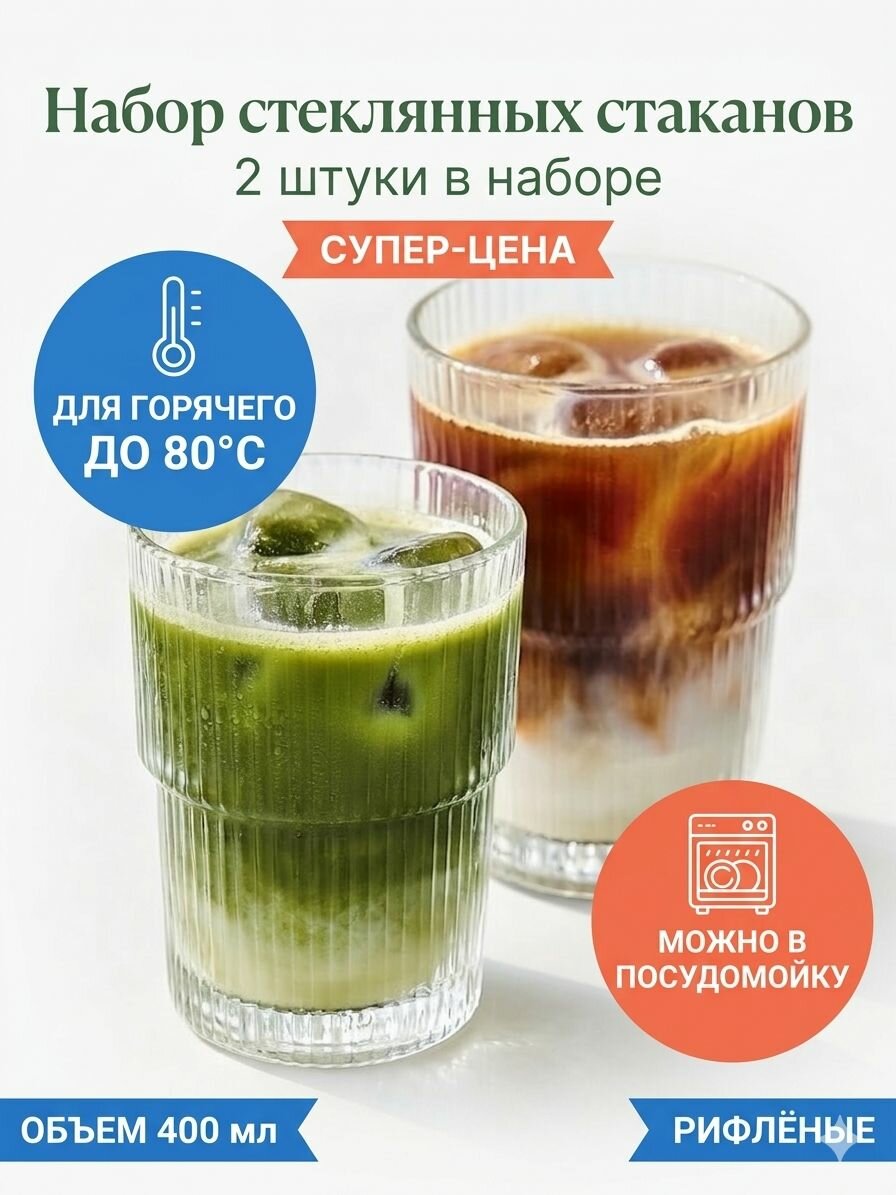 Набор стеклянных стаканов 2 шт, 400 мл, рифленые высокие из толстого стекла для кофе, латте, матчи и смузи