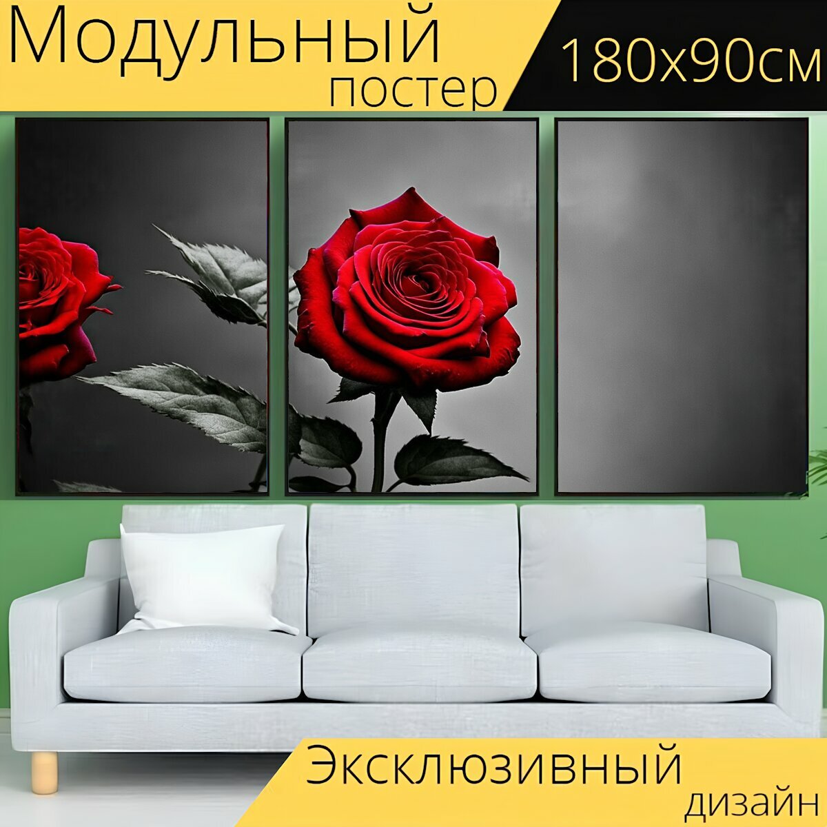 Модульный постер "Черно-белая фотография роз с красными деталями, выполненная в стиле документальной фотографии, сเนนом на текстуре и." 180 x 90 см. для интерьера на стену в тубусе