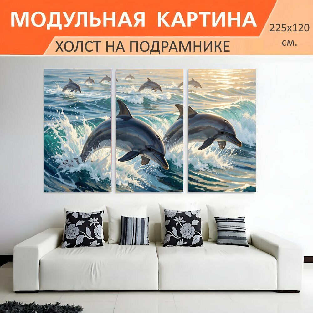 Модульная картина на холсте "Дельфины в морских волнах. Стая грациозных дельфинов прыгает через бирюзовые волны в лучах тёплого." триптих на подрамнике 225х120 см. для интерьера