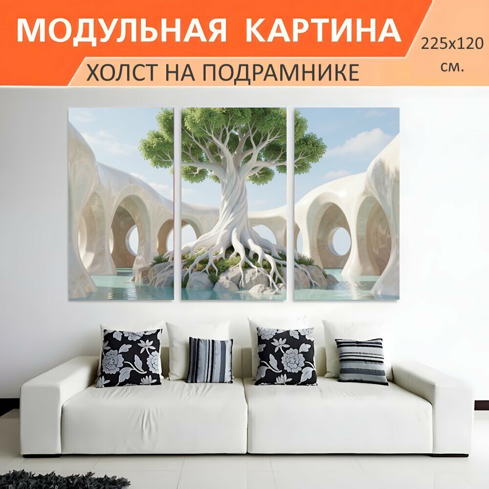 Модульная картина на холсте "Дерево в светлой водной арке. Фантазийная 3D-сцена: мощное дерево с белым извилистым стволом на каменном." триптих на подрамнике 225х120 см. для интерьера