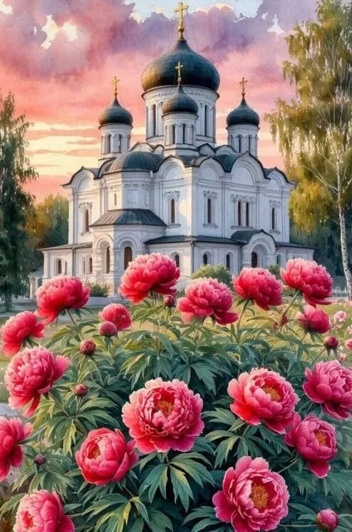 Алмазная Картина "Церковь И Мост, Окруженные Цветами" 30х40 См Алмазная Вышивка / Картина Стразами Подарков