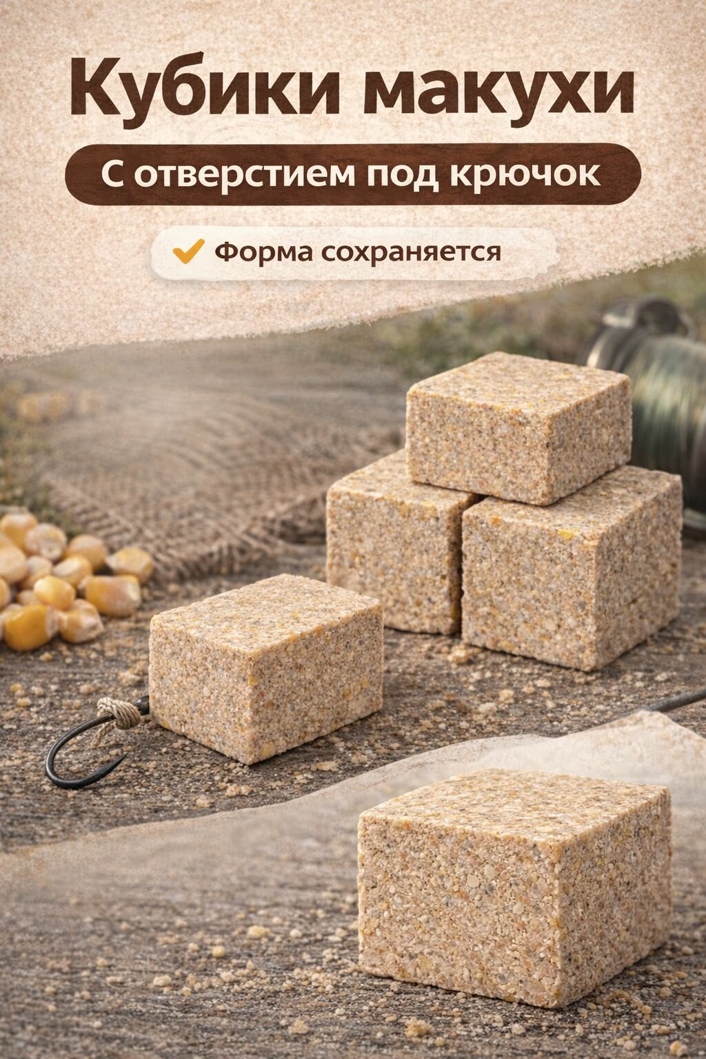 Кукурузный жмых макуха Чеснок, кубики для рыбалки с отверстием, приманка на карпа и карася