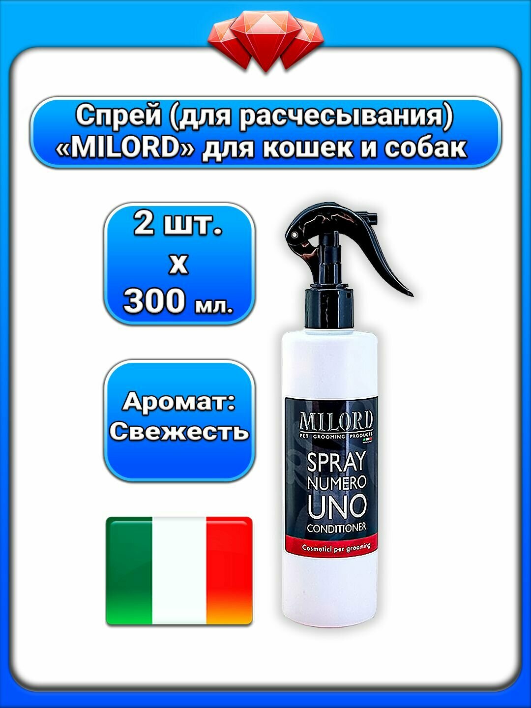 (2 x 300 мл) / MILORD, Спрей для расчесывания Уно, для собак всех пород, облегчает, увлажнение и питание шерсти, защита от ломкости, натуральный состав