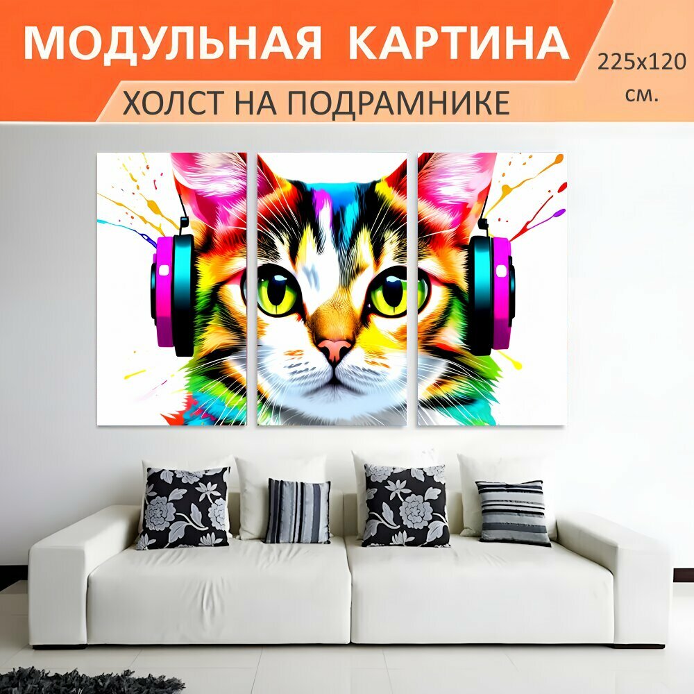 Модульная картина на холсте "Кот с большими выразительными глазами, разноцветной шерстью в стиле абстрактной живописи, на нем надеты." триптих на подрамнике 225х120 см. для интерьера