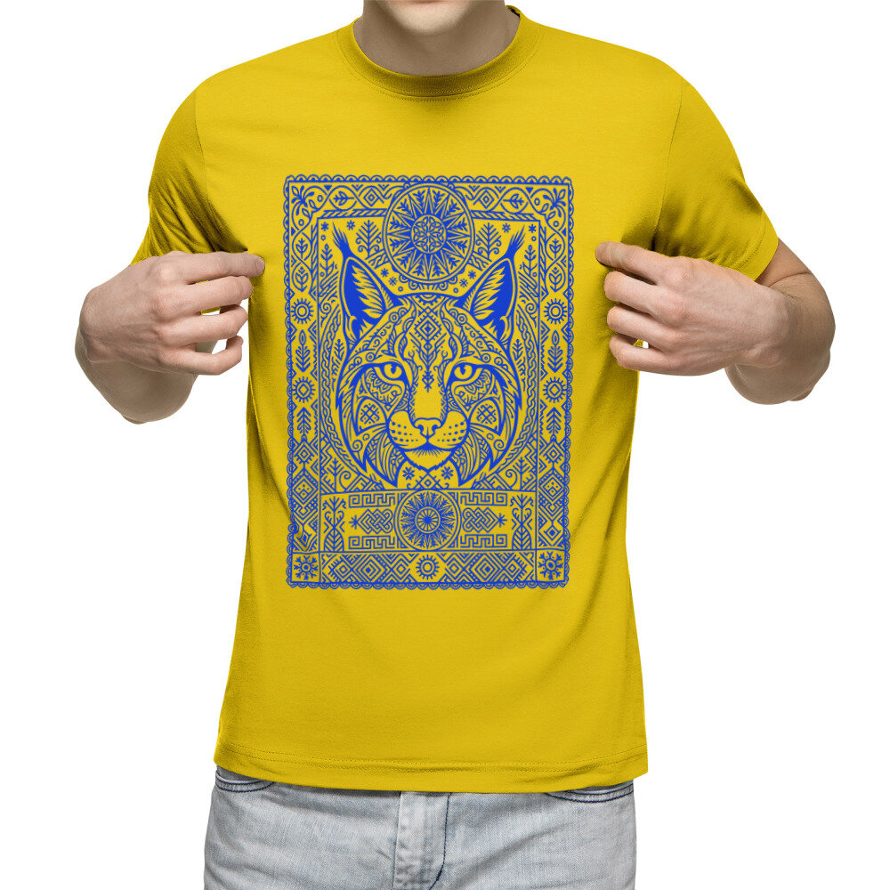 Мужская футболка «Русский узор-славянская рысь оберег» (желтый, S)