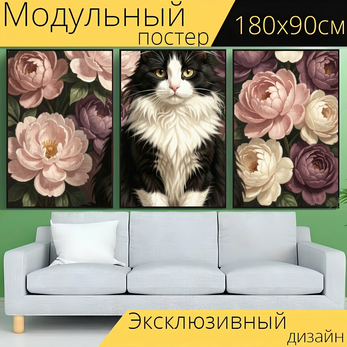 Модульный постер "Кот среди пионов и клавиш. Черно-белый пушистый питомец сидит на клавишах фортепиано на фоне крупных розовых." 180 x 90 см. для интерьера на стену в тубусе