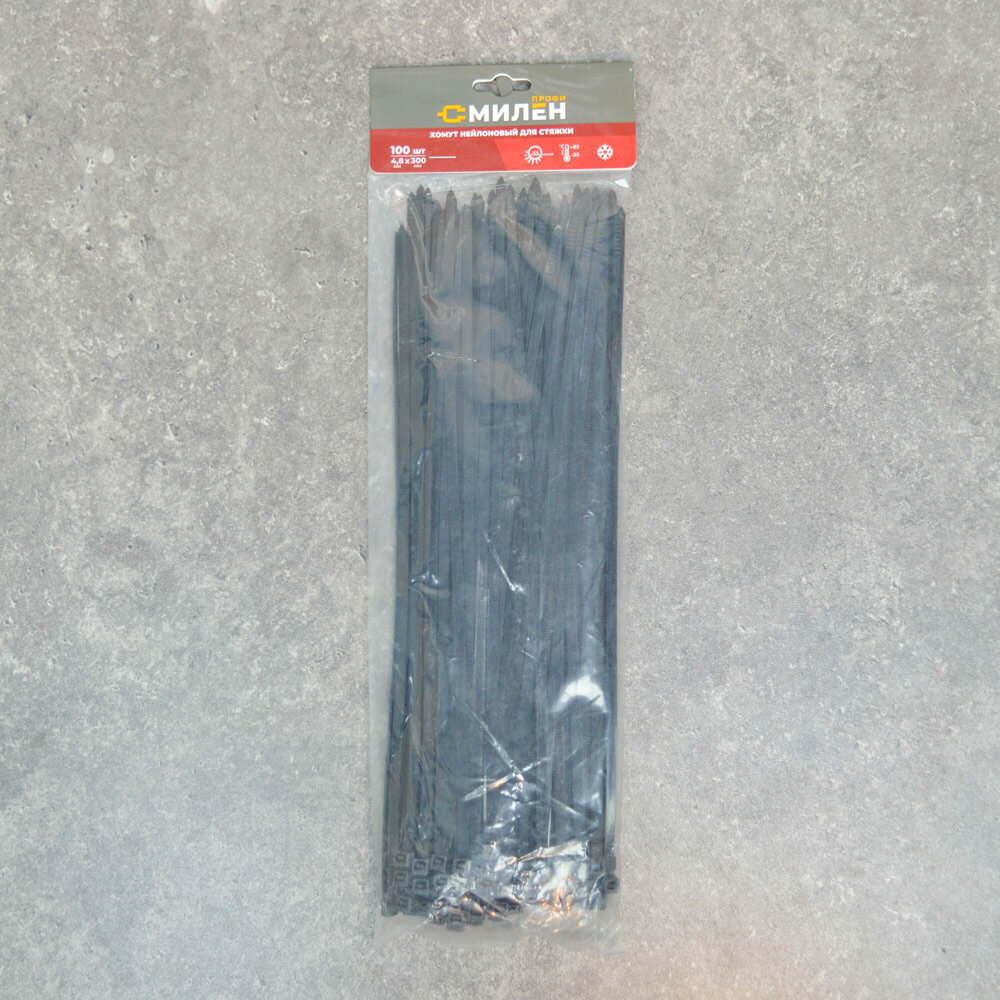 Хомут-стяжка нейлоновый "Милен" 4,8х300 мм, 100 шт, черный, термостойкий для надежного крепления кабеля