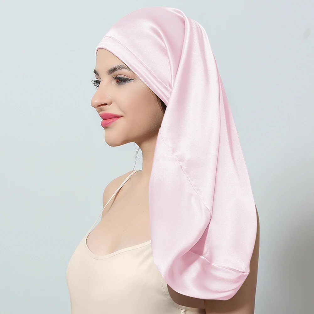 Шелковая шапочка для сна 16 Момми Розовый, light pink Шелковая длинная ночная шапочка с воланами