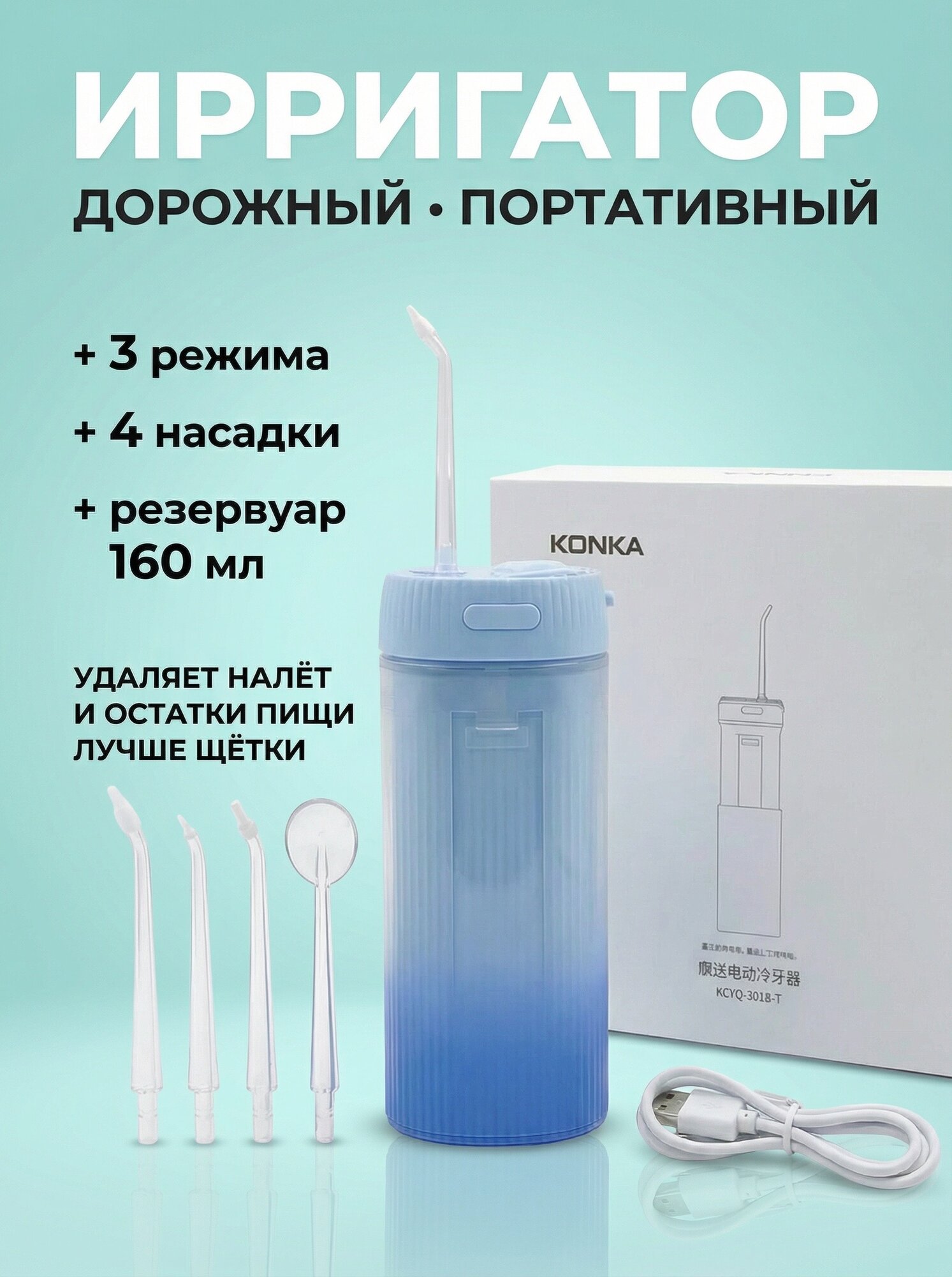 Ирригатор портативный складной 160 мл, 3 режима, 4 насадки, дорожный, Type-C, IPX6, синий