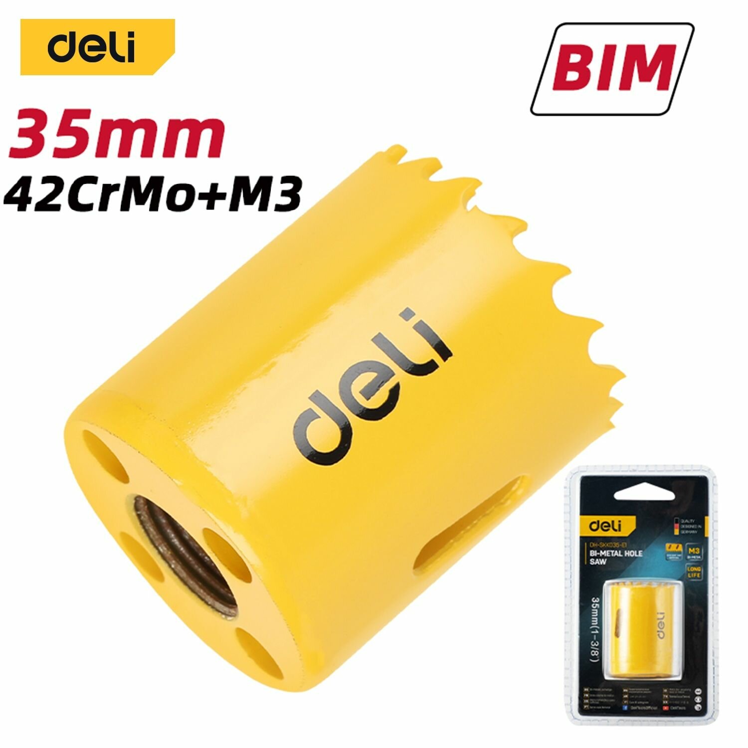 Коронка биметаллическая 35мм Deli DH-SKK035-E1 (макс глубина сверления 38мм, шаг зубьев 4-6мм, 42CrMo+M3)