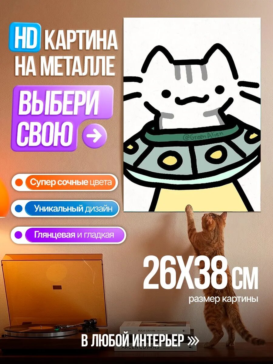 Картина на HD металле Кот в летающей тарелке