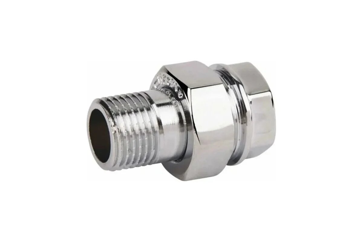 Прямой сгон американка TIM 1/2M‑1/2F из латуни с хромированным покрытием для полотенцесушителя, 45 мм, хромовый цвет, рабочее давление до 10 бар и температура +100 °C.