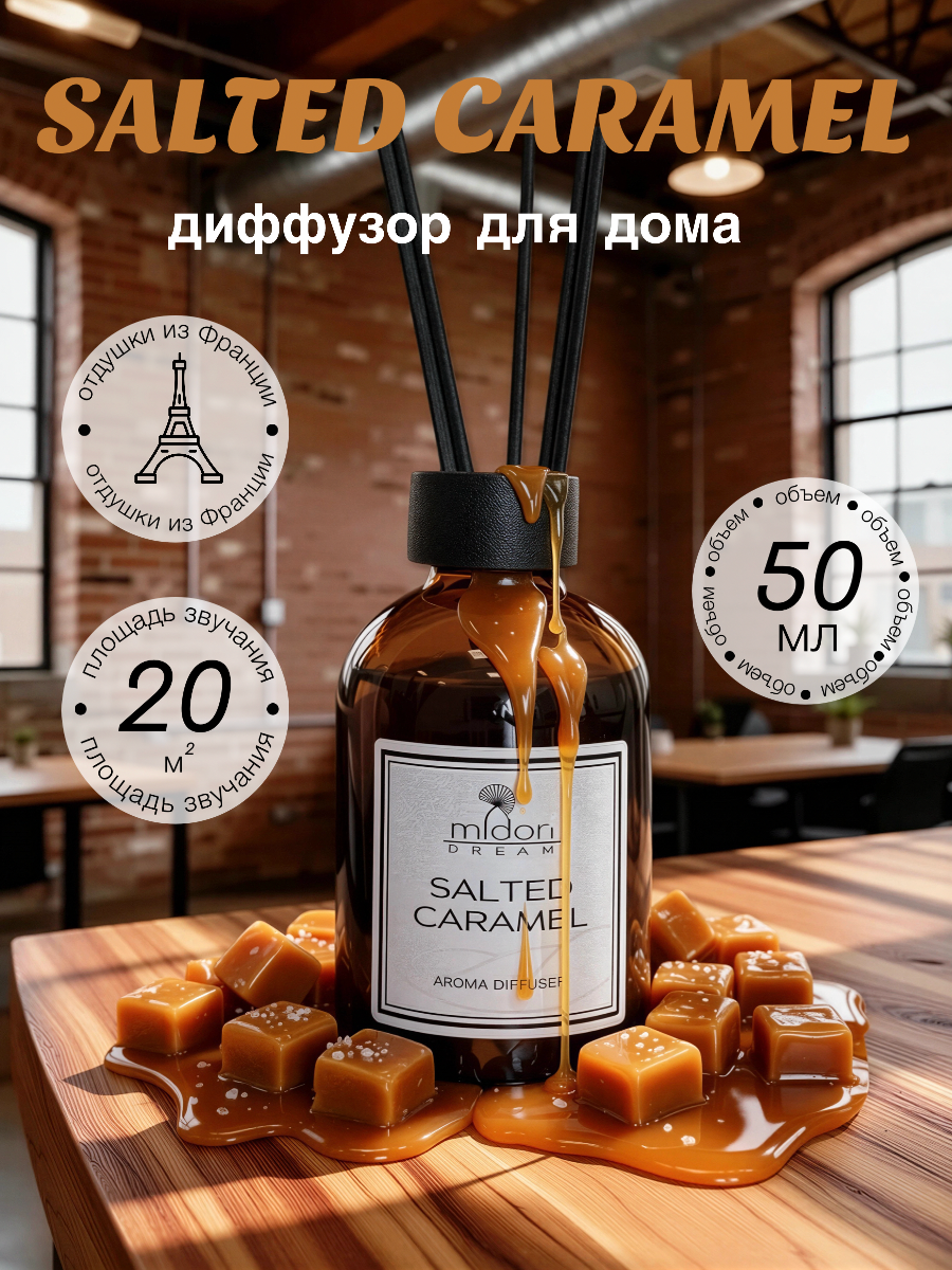 Диффузор для дома Midori Dream, с палочками, 50мл, аромат Cоленая карамель