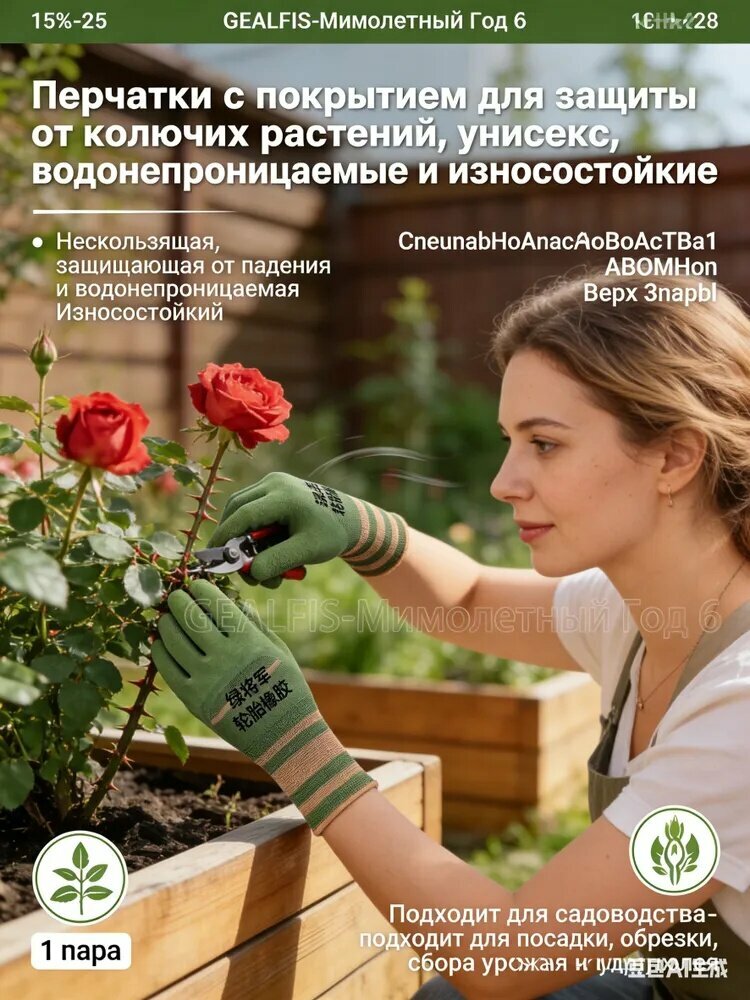 GEALFIS Перчатки от шипов роз защитные садовые непромокаемые с покрытием для обрезки кустов унисекс