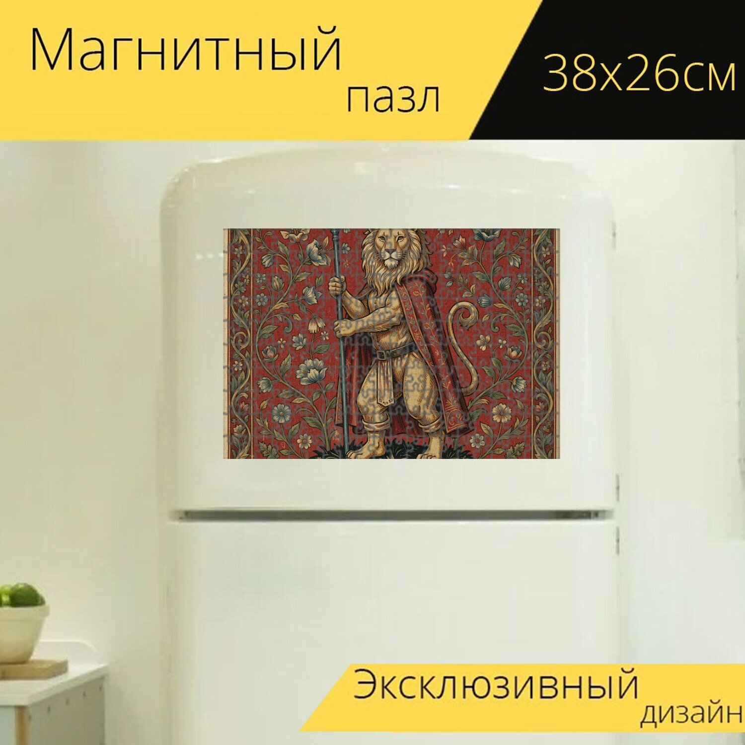 Магнитный пазл "Лев с копьем среди цветов. Геральдический царь зверей в плаще с посохом на фоне витиеватого растительного орнамента. Средневековый." для интерьера, 38х26 см.