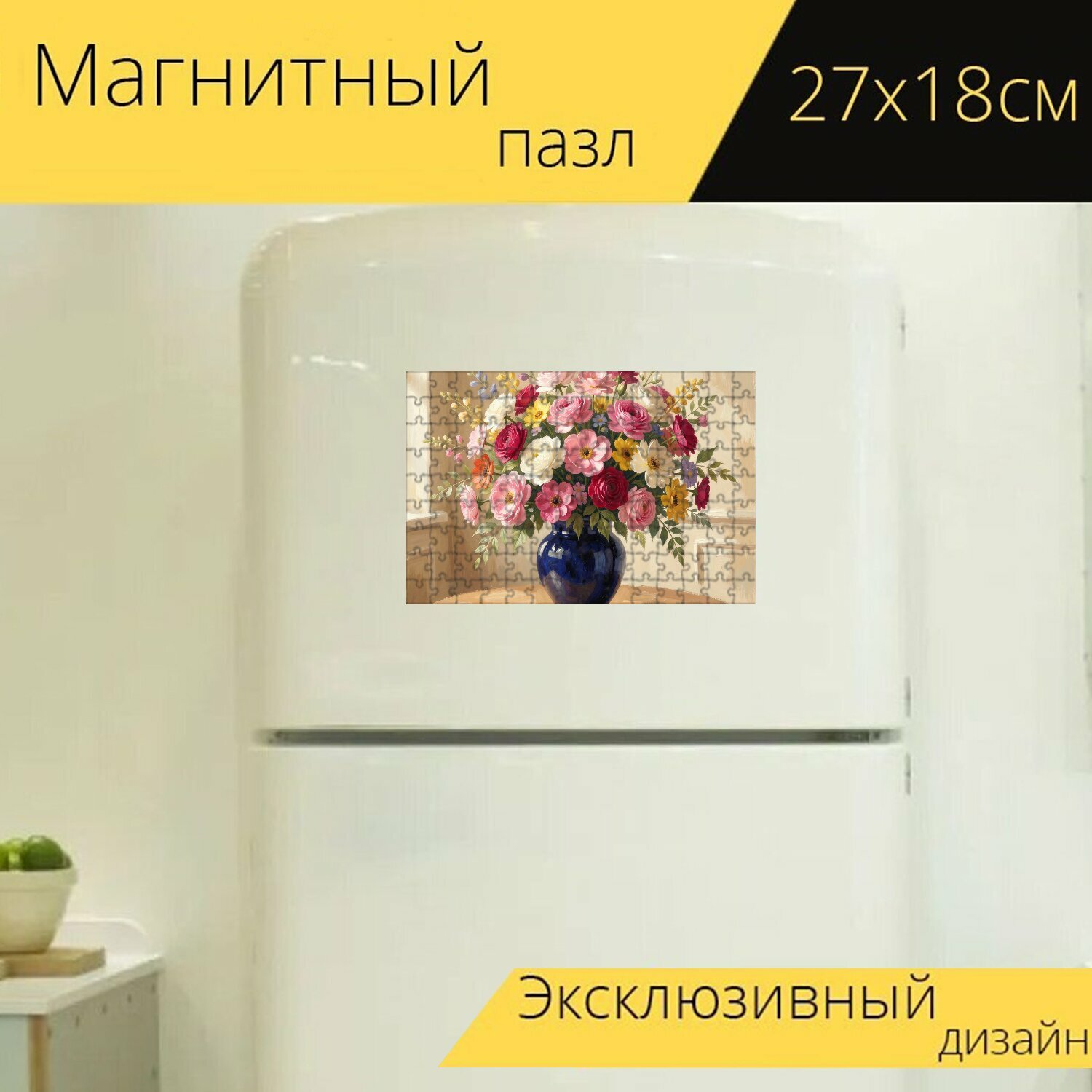 Магнитный пазл "Пышный букет цветов в вазе. Нежная цветочная композиция в синем керамическом сосуде на деревянном столе, живописный стиль, розовые." на холодильник 27 x 18 см.
