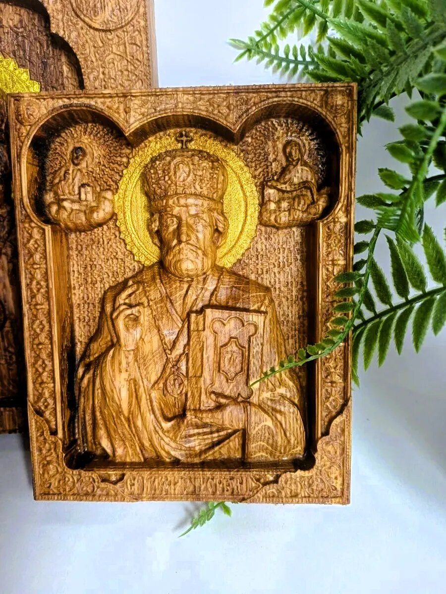 Освященная Икона Николая чудотворца резн. оклад, дуб 13,5*11