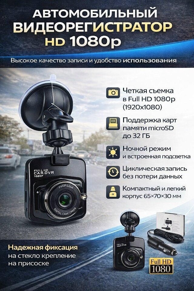 Видеорегистратор автомобильный "HD", угол обзора 90°, 1080Р, чёрный