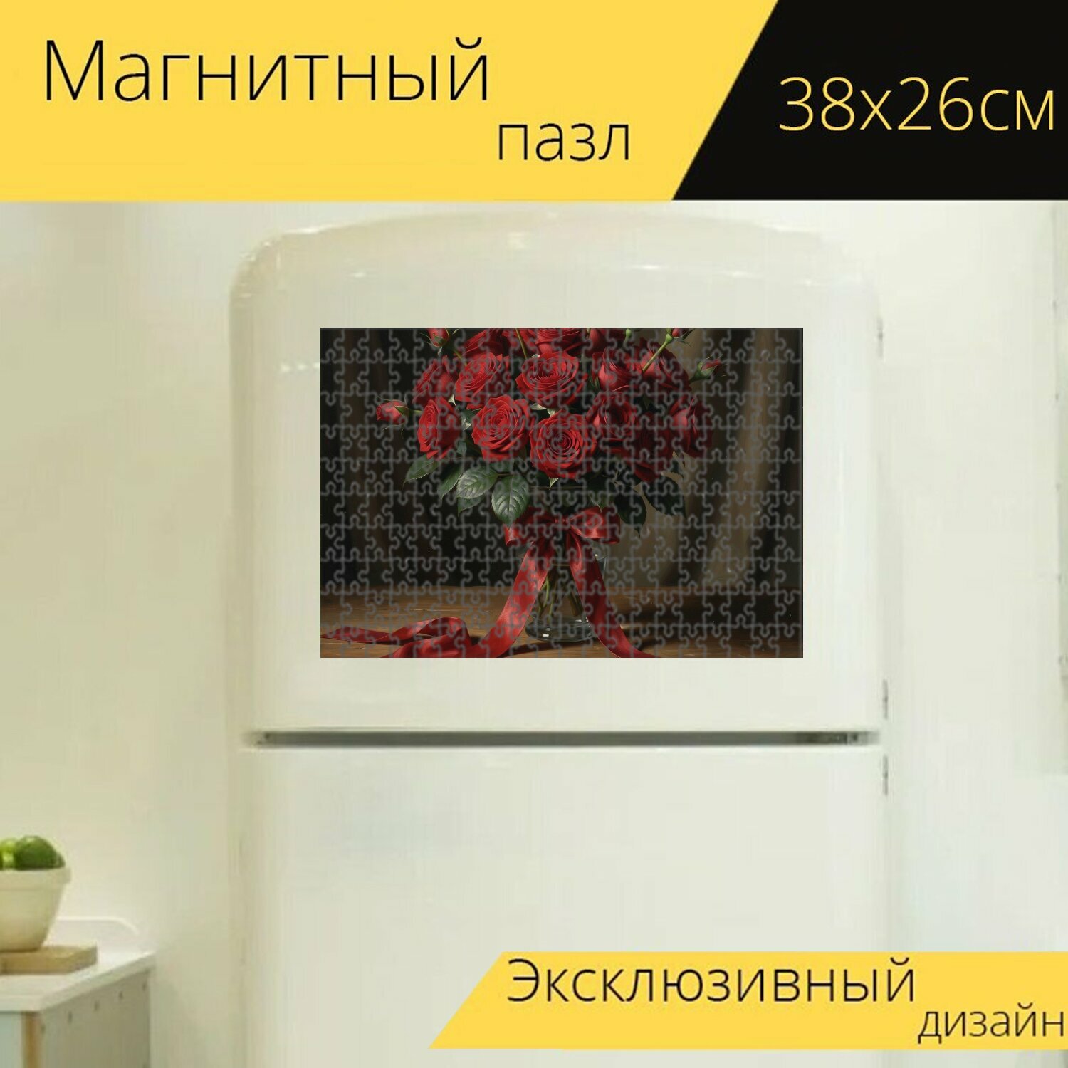 Магнитный пазл "Букет красных роз в вазе. Роскошная цветочная композиция с алыми бутонами и зелёной листвой в стеклянном сосуде с атласной лентой." для интерьера, 38х26 см.
