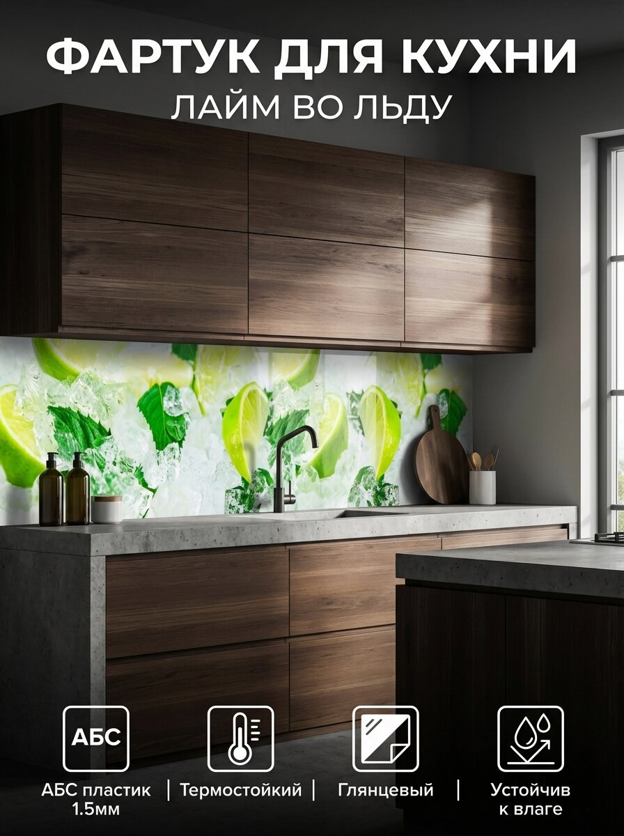 Фартук для кухни из АБС пластика 3000*600*1,5мм. Кухонный фартук ABS с фотопечатью "Лайм во льду"